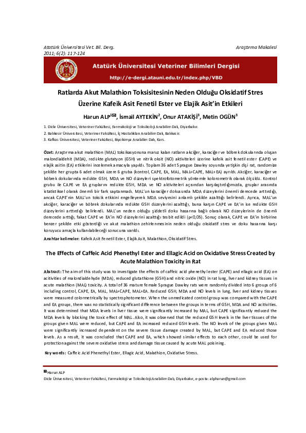(PDF) Ratlarda Akut Malathion Toksisitesinin Neden Olduğu Oksidatif ...