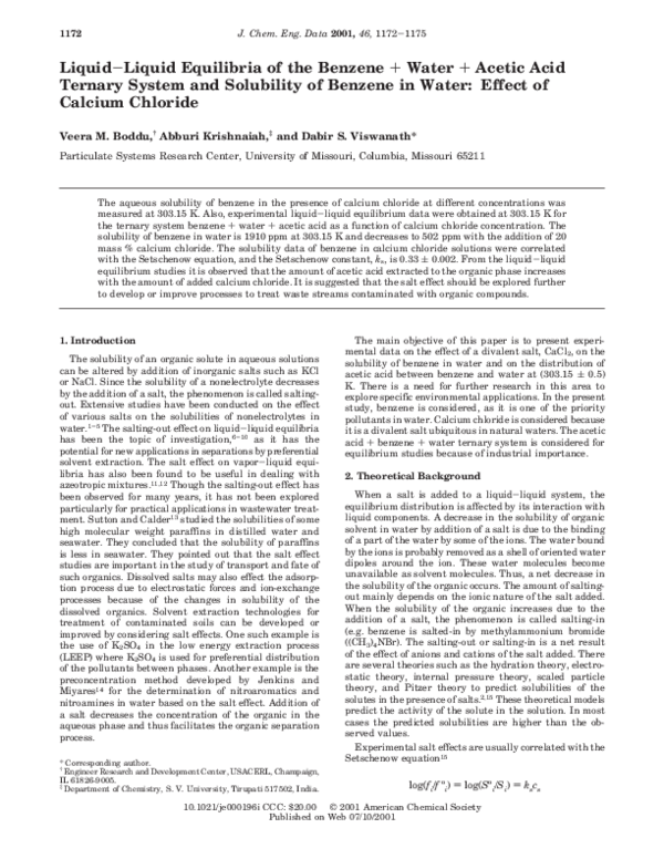 (PDF) Liquid−Liquid Equilibria of the Benzene + Water + Acetic Acid Ternary System and ...