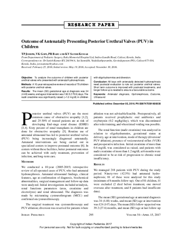 (PDF) Outcome of antenatally presenting posterior urethral valves (PUV ...