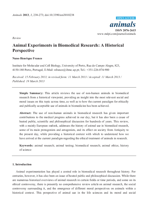 (PDF) Animal Experiments in Biomedical Research: A Historical Perspective