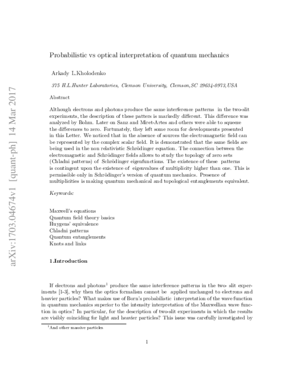 (PDF) Probabilistic vs optical interpretation of quantum mechanics
