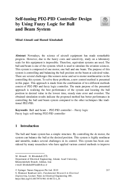 (PDF) Self-tuning PD2-PID Controller Design by Using Fuzzy Logic for Ball and Beam System