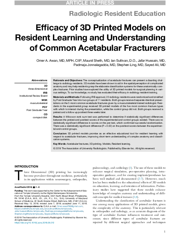 (PDF) 3D Models Enhance Radiology Training on Acetabular Fractures