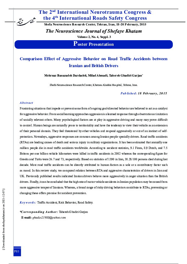 (PDF) P93: Comparison Effect of Aggressive Behavior on Road Traffic Accidents between Iranian ...