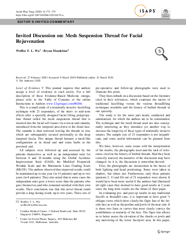 (PDF) Invited Discussion on: Mesh Suspension Thread for Facial ...