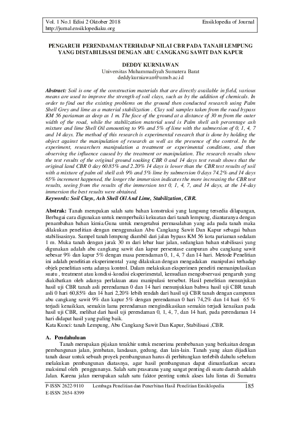 Pengaruh Perendaman Terhadap Nilai CBR Pada Tanah Lempung Yang Distabilisasi Dengan Abu Cangkang ...