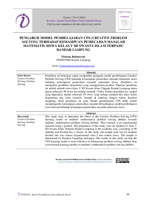 (PDF) Pengaruh Model Pembelajaran CPS (Creative Problem Solving) Terhadap Kemampuan Pemecahan ...