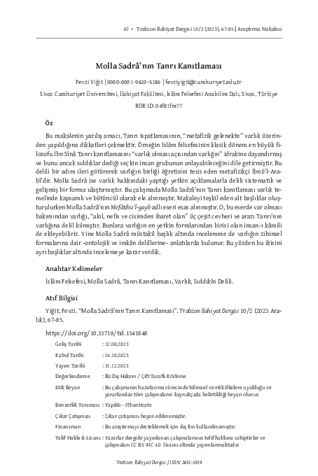 (PDF) Molla Sadrâ'nın Tanrı Kanıtlaması