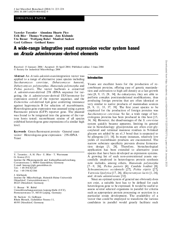 (PDF) A wide-range integrative yeast expression vector system based on ...