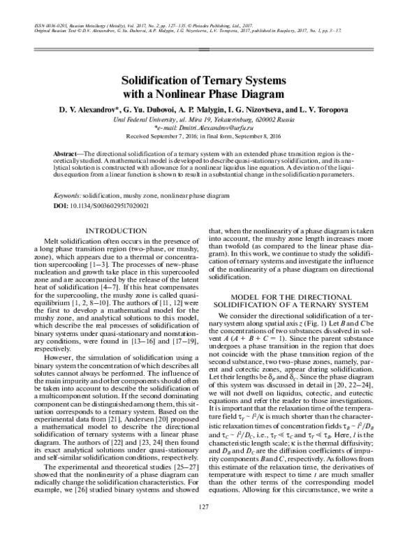 Pdf Solidification Of Ternary Systems With A Nonlinear Phase Diagram Irina Nizovtseva