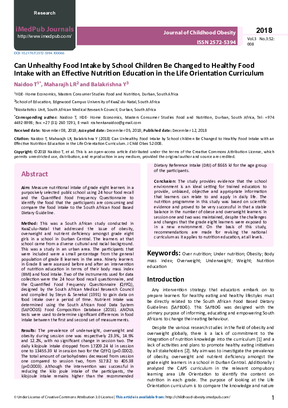 (PDF) Can Unhealthy Food Intake by School Children Be Changed to ...