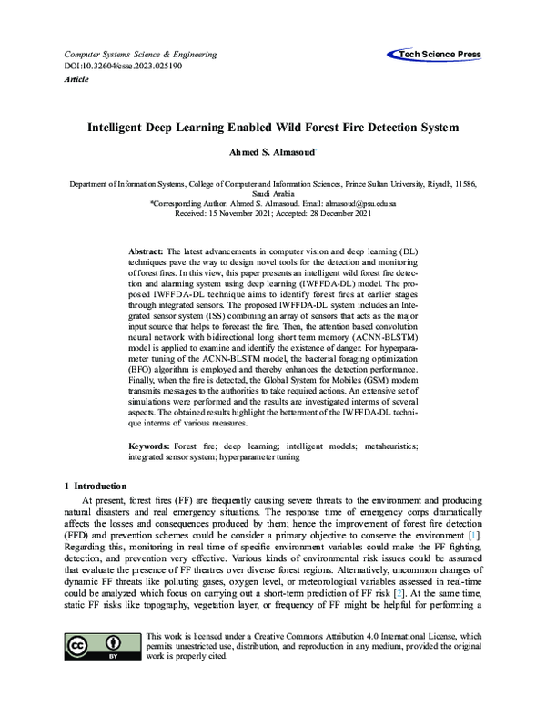 (PDF) Intelligent Deep Learning Enabled Wild Forest Fire Detection System