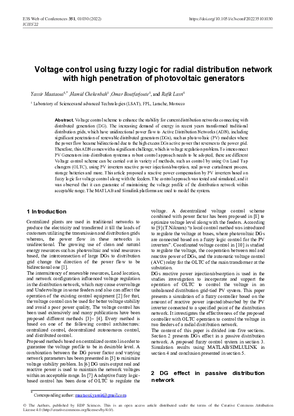 (PDF) Voltage control using fuzzy logic for radial distribution network with high penetration of ...