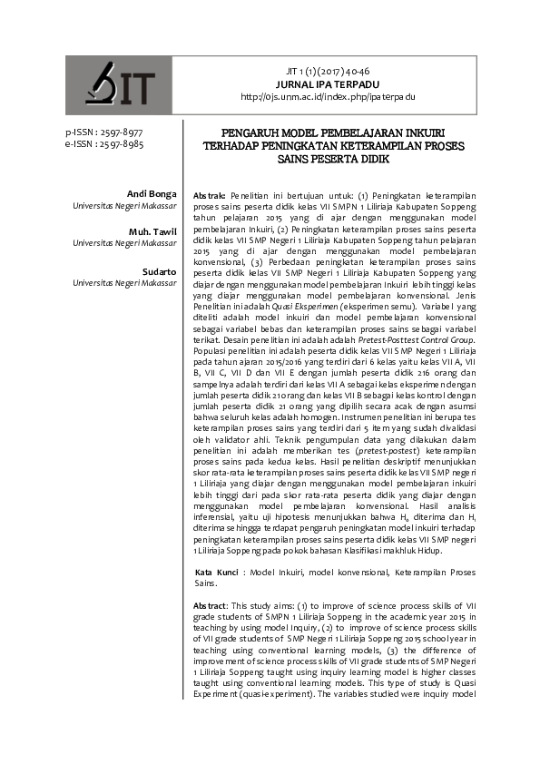 (PDF) Pengaruh Model Pembelajaran Inkuiri Terhadap Peningkatan Keterampilan Proses Sains Peserta ...