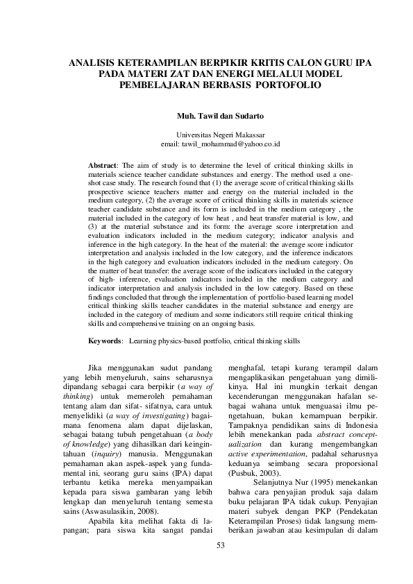 (PDF) Analisis Keterampilan Berpikir Kritis Calon Guru Ipa Pada Materi Zat Dan Energi Melalui ...
