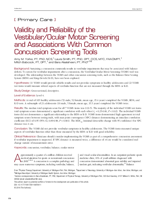 (PDF) Validity and Reliability of the Vestibular/Ocular Motor Screening and Associations With ...