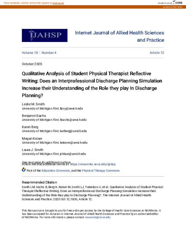 (PDF) Qualitative Analysis of Student Physical Therapist Reflective Writing: Does an ...