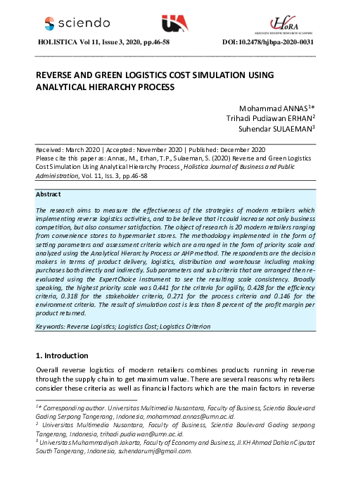 (PDF) Reverse and Green Logistics Cost Simulation Using Analytical Hierarchy Process
