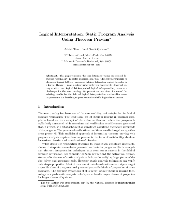 Pdf Logical Interpretation Static Program Analysis Using Theorem Proving