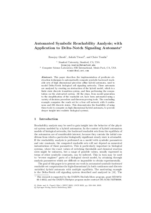 (PDF) Automated Symbolic Reachability Analysis; with Application to Delta-Notch Signaling Automata