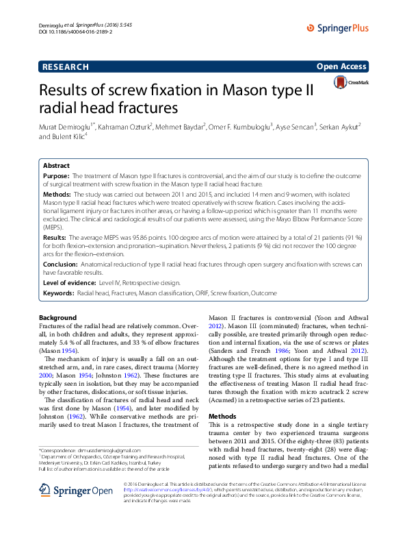 (PDF) Results of screw fixation in Mason type II radial head fractures ...