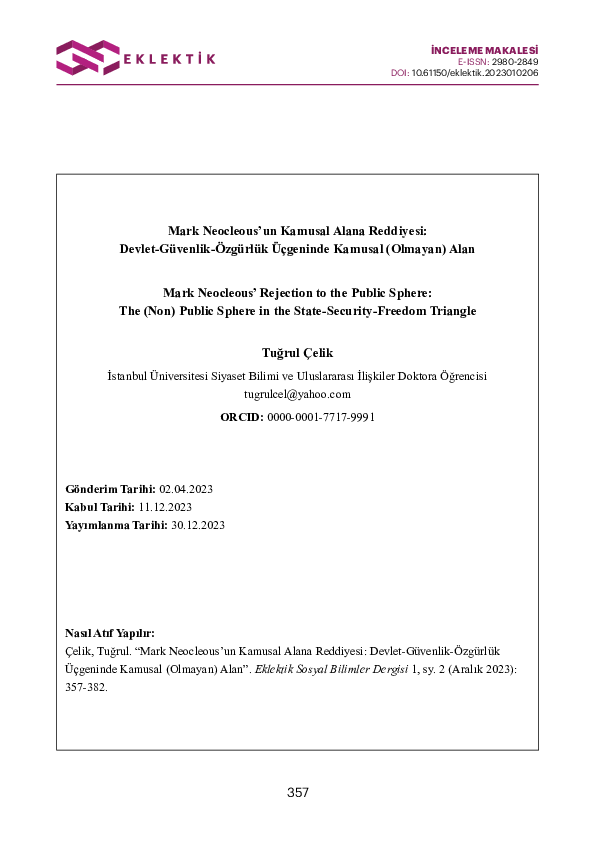 Mark Neocleous'un Kamusal Alana Reddiyesi: Devlet-Güvenlik-Özgürlük ...