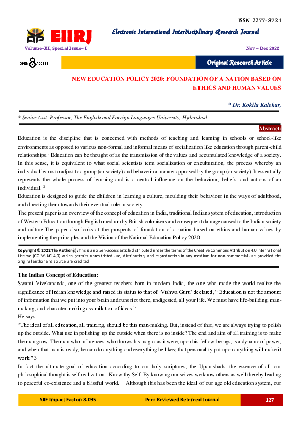 (PDF) New Education Policy 2020: Foundation of a Nation Based Ethics ...