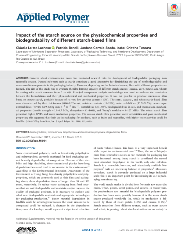 (PDF) Impact of the starch source on the physicochemical properties and biodegradability of ...