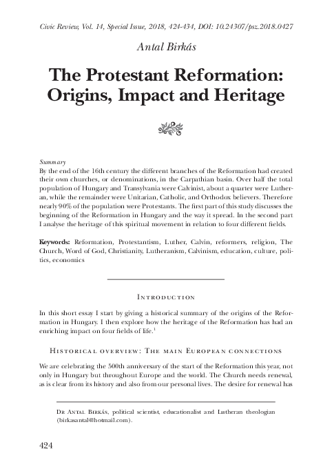 (PDF) The Protestant Reformation: Origins, Impact and Heritage
