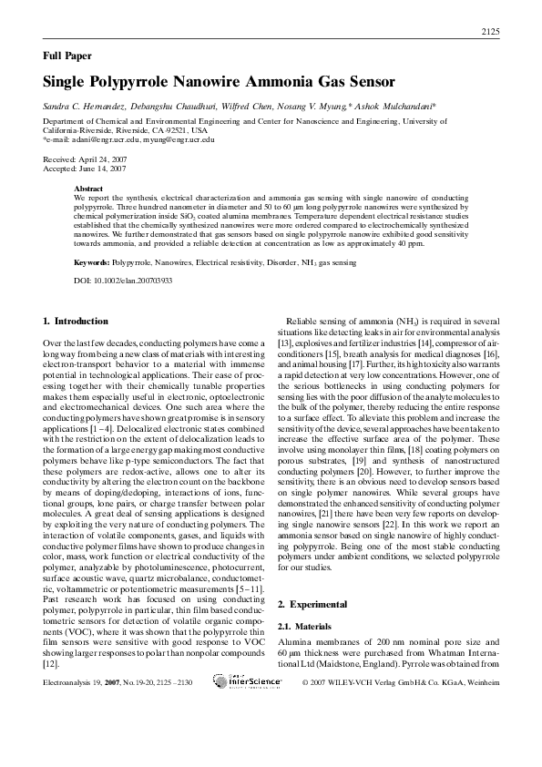 (PDF) Single Polypyrrole Nanowire Ammonia Gas Sensor | Nosang Myung - Academia.edu