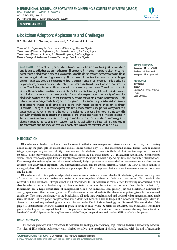 (PDF) Blockchain Adoption: Applications and Challenges