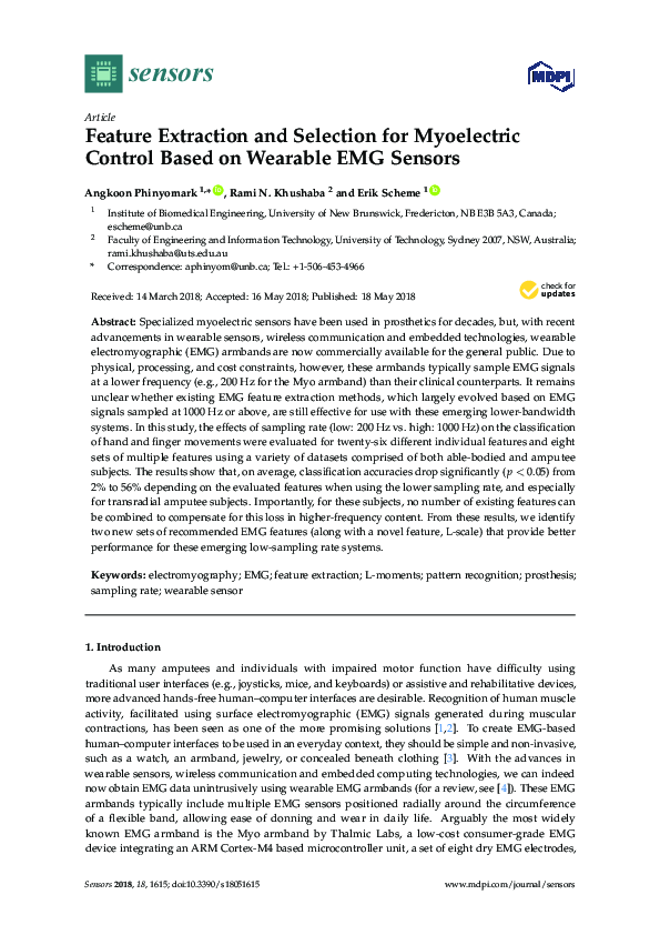 (PDF) Feature Extraction and Selection for Myoelectric Control Based on Wearable EMG Sensors