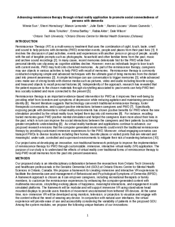 (PDF) Advancing reminiscence therapy through virtual reality application to promote social con ...