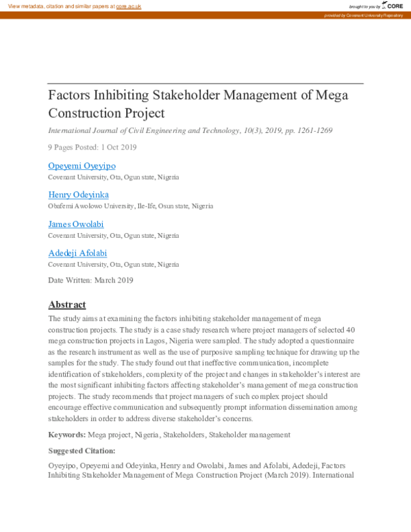 (PDF) Factors Inhibiting Stakeholder Management of Mega Construction ...