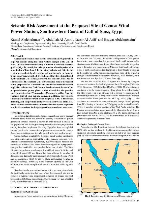 (PDF) Seismic risk assessment at the proposed site of Gemsa wind power ...