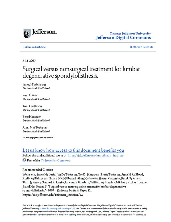 (PDF) Surgical versus Nonsurgical Treatment for Lumbar Degenerative Spondylolisthesis
