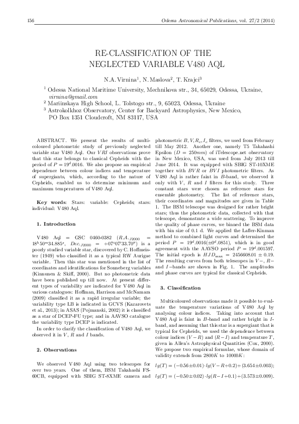 (PDF) Re-Classification of the Neglected Variable V480 Aql