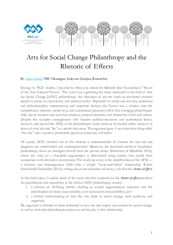 (PDF) Arts for Social Change Philanthropy and the Rhetoric of Effects