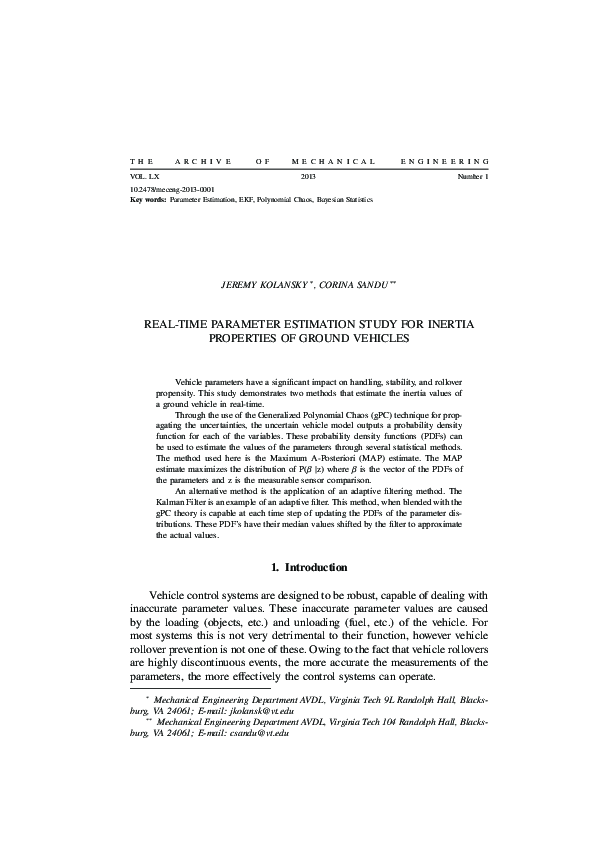 (PDF) Real-Time Parameter Estimation Study for Inertia Properties of Ground Vehicles