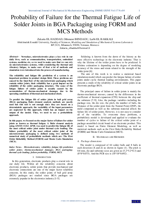 (PDF) Probability of Failure for the Thermal Fatigue Life of Solder Joints in BGA Packaging ...