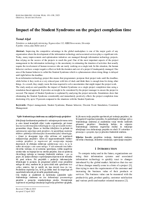 (PDF) Impact of the Student Syndrome on the project completion time