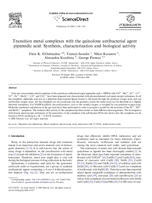 (PDF) Transition metal complexes with the quinolone antibacterial agent pipemidic acid ...