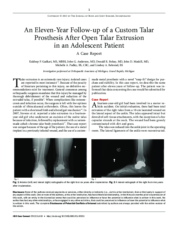 (PDF) An Eleven-Year Follow-up of a Custom Talar Prosthesis After Open ...