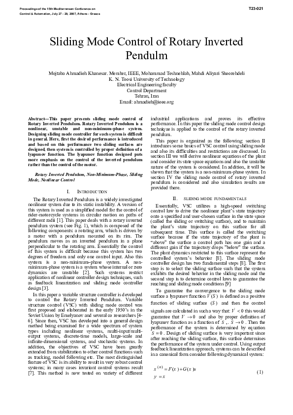 (PDF) Sliding mode control of Rotary Inverted Pendulm