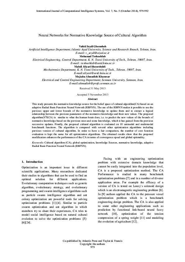 (PDF) Neural Networks for Normative Knowledge Source of Cultural Algorithm