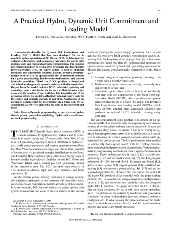 Pdf A Practical Hydro Dynamic Unit Commitment And Loading Model