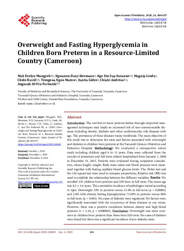 (PDF) Overweight and Fasting Hyperglycemia in Children Born Preterm in ...