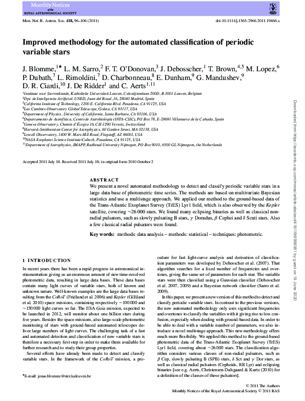(PDF) Automated classification of periodic variable stars{Improved methodology for the automated ...