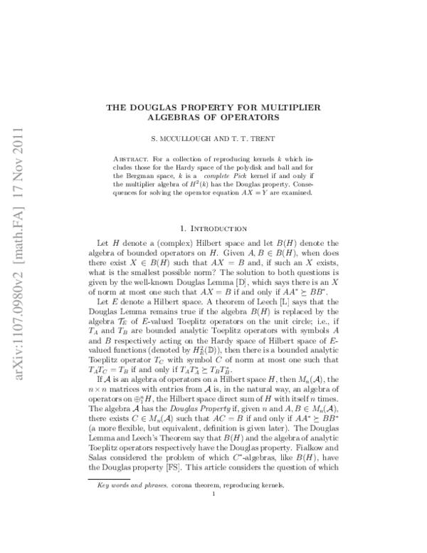 (PDF) The Douglas property for multiplier algebras of operators | Tavan Trent - Academia.edu
