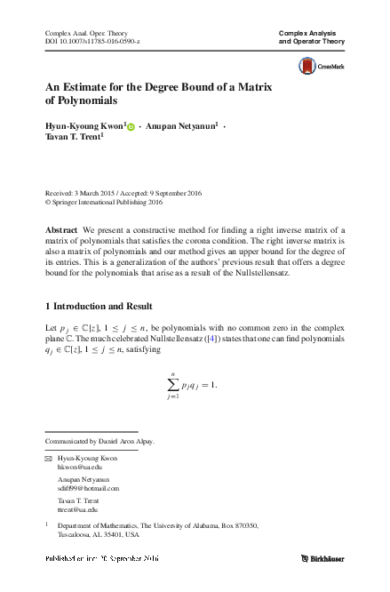 (PDF) An Estimate for the Degree Bound of a Matrix of Polynomials